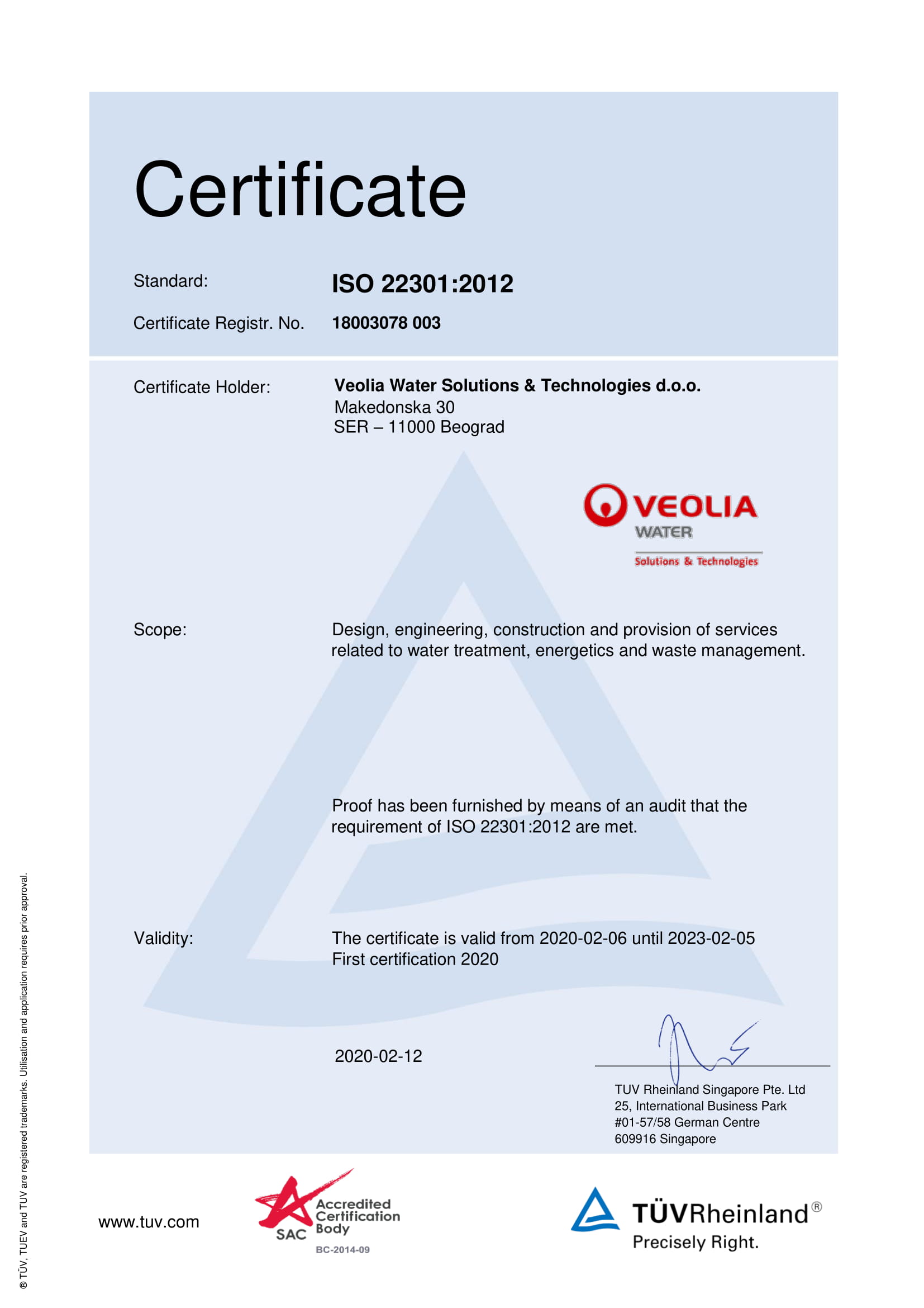 ISO 22301 Veolia Serbia